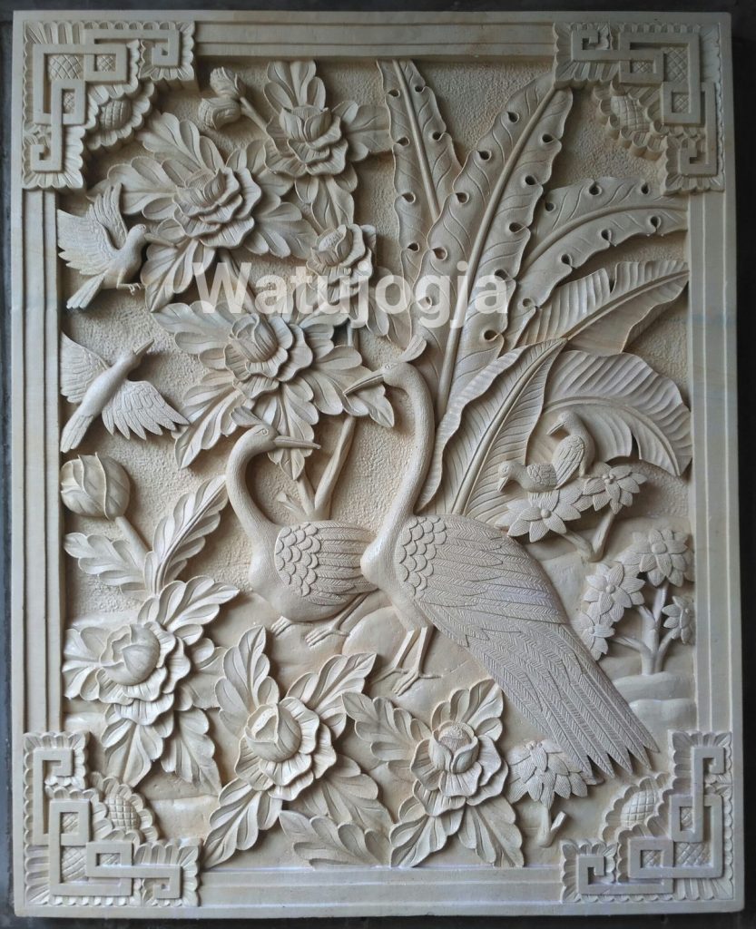 Ukiran Batu Putih Jogja Motif Burung Cendrawasih Dan Hutan